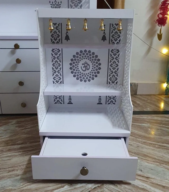 Small Home Mandir with Storage and Carved Floral Side Panels - Mirrikal